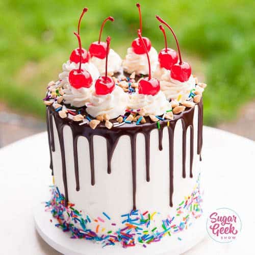Banana Split Cake (with chocolate drip) | Sugar Geek Show