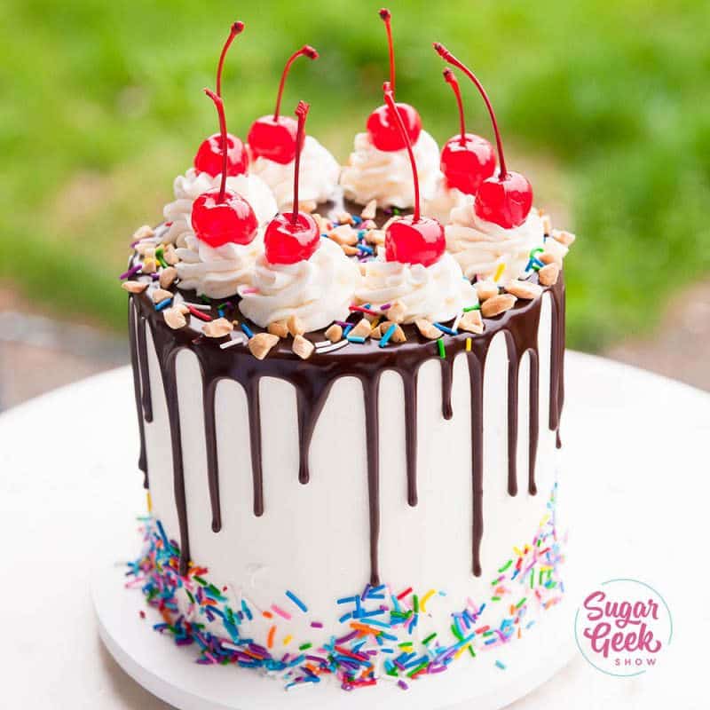 Banana Split Cake (with chocolate drip) | Sugar Geek Show