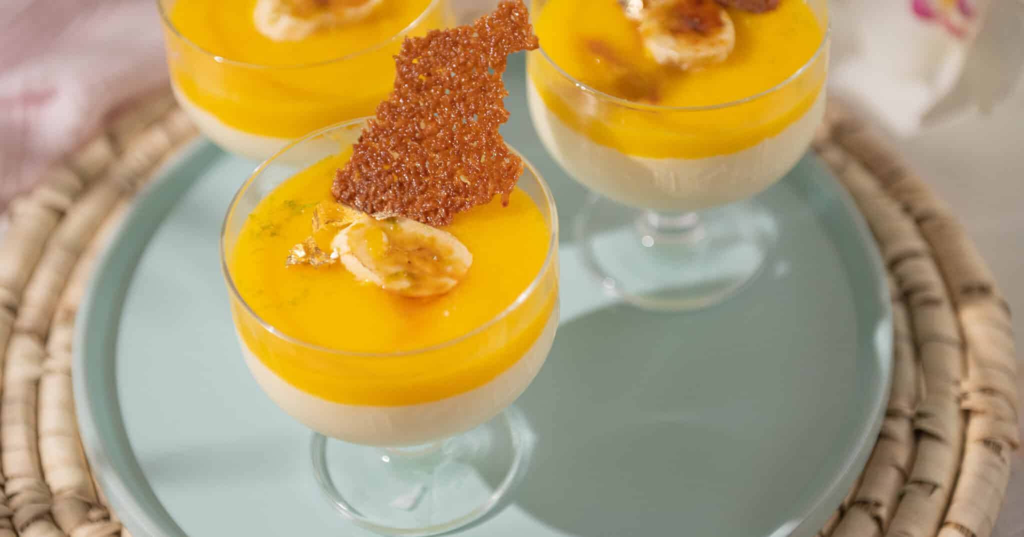 Coconut Mousse Cups with Mango Puree and Crunchy Tuille