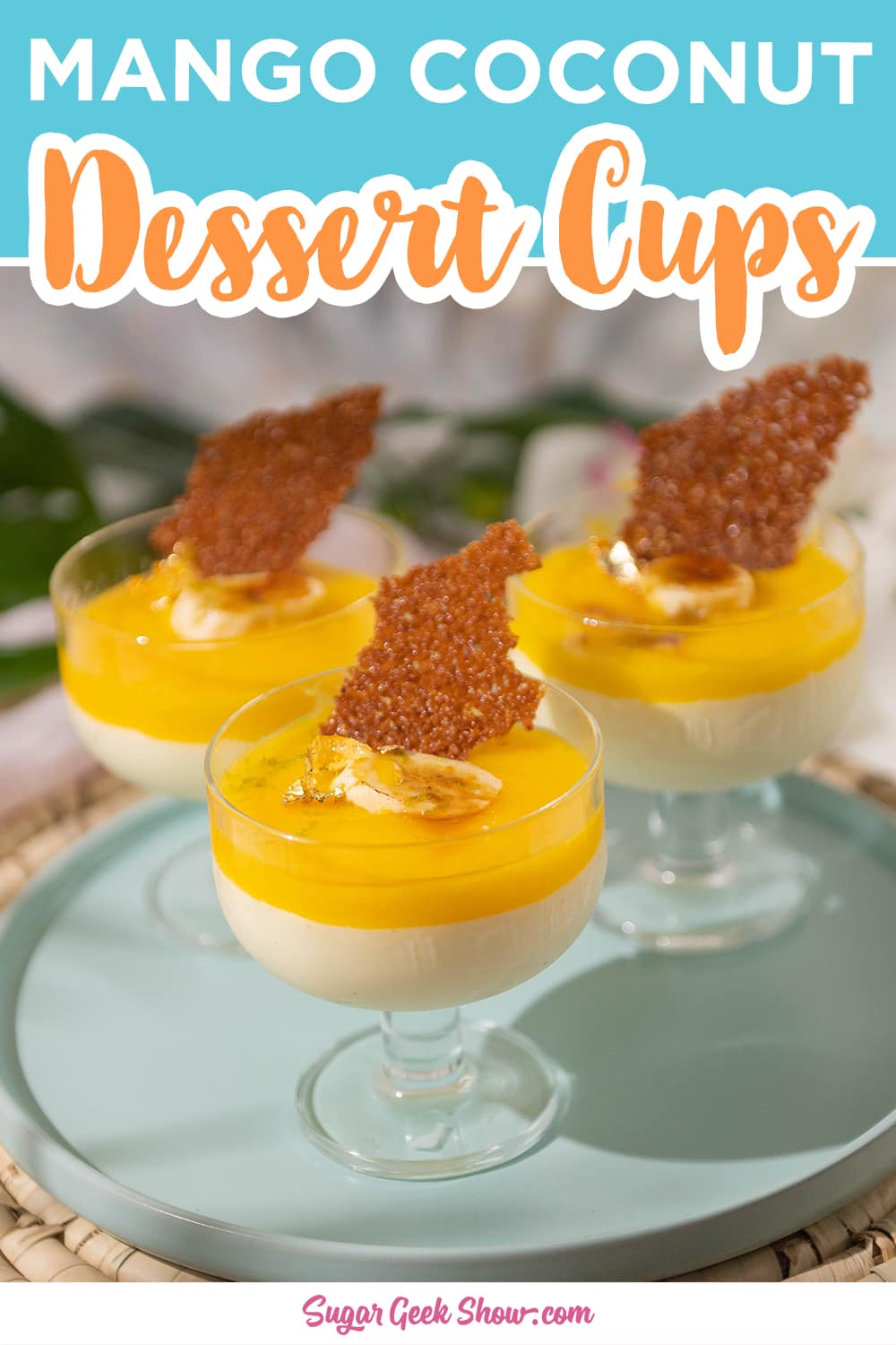 Coconut Mousse Cups with Mango Puree and Crunchy Tuille