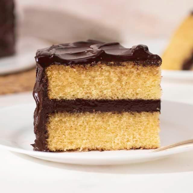 Classic Yellow Cake Recipe with Shiny Chocolate Fudge Frosting